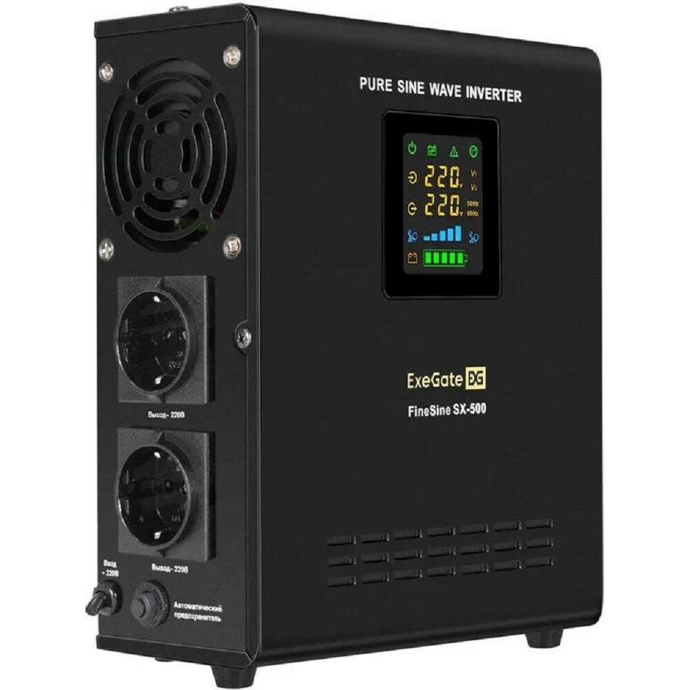 EXEGATE ИБП EX295995RUS ИБП инвертор, синус, для котла настенный FineSine SX-500. LCD. AVR.2SH <500VA 300W, чистая синусоида, цветной LCD-дисплей,