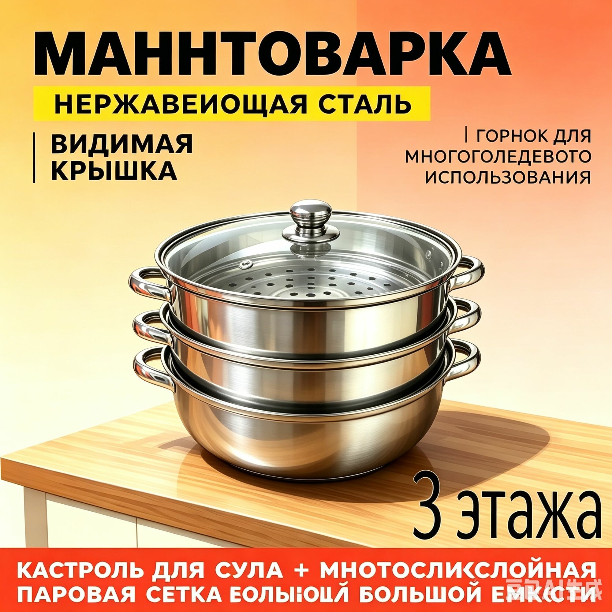 Мантоварка, Нержавеющая сталь, 3 яруса, 6 л