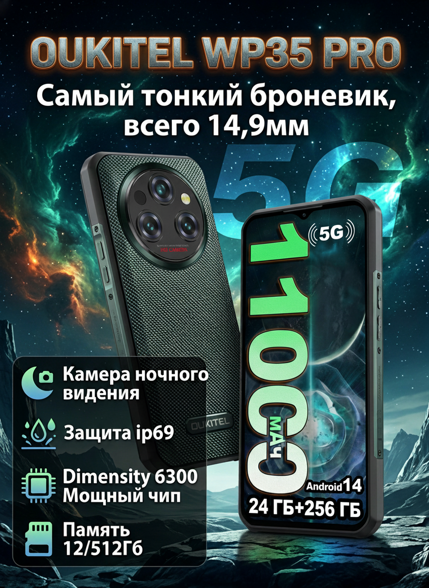 Защищенный смартфон OUKITEL WP35 PRO 5G Green, IP69K, (12+24)/512GB, 11000мАч, Камера 64мп Sony + Ночная. Гарантия 1 год