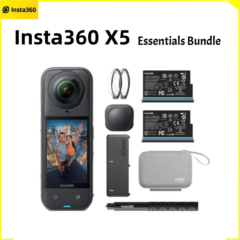 Экшн-камера Insta360 X5 Essentials Bundle черная, 8K 360°, 2 аккумулятора, селфи-палка, полный комплект