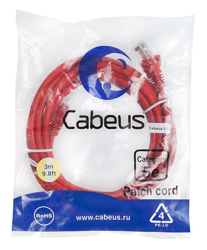 Патч-корд U/UTP кат.5E PC-UTP-RJ45-Cat.5e-3m-RD 2xRJ45/8p8c неэкранир. PVC 3м красн. Cabeus 7684c