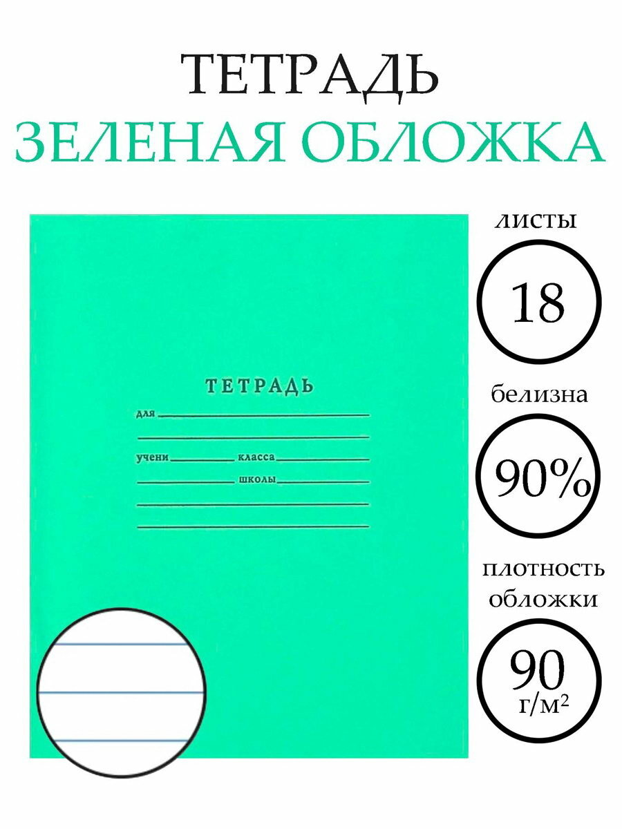 Тетрадь 18 листов в линейку "Зелёная обложка", плотность 65 г/?2, 200 шт.