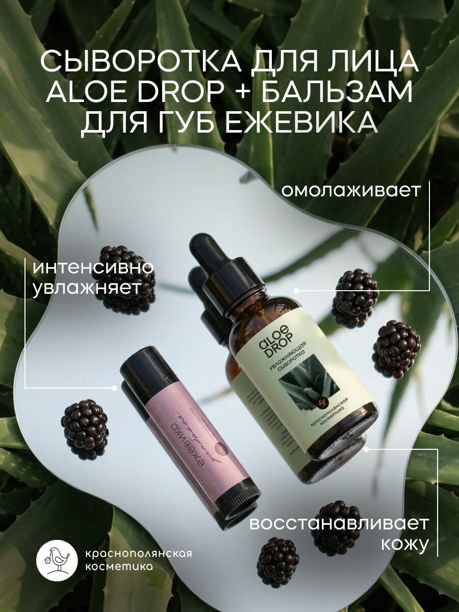Набор для лица: Сыворотка для лица "Aloe Drop" с живым экстрактом алоэ, увлажняющая 30 мл + Бальзам для губ Ежевика 5 мл