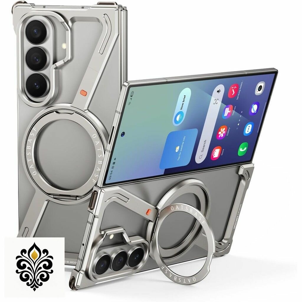 Безрамочный чехол для Samsung Galaxy Z Fold 7 с магнитной подставкой вращением, алюминиевый металл, серый металлик