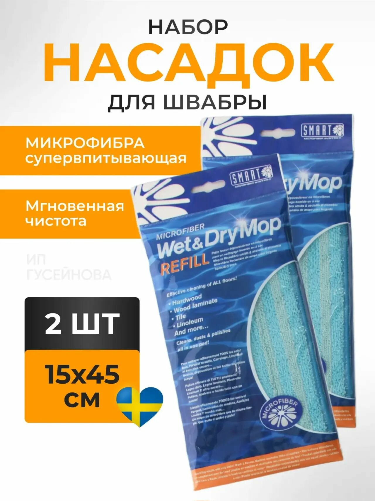 SMART / тряпка для пола на швабру / насадка на швабру на липучке 2 шт. в комплекте