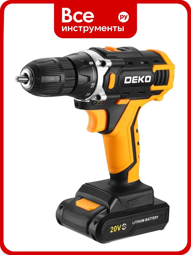 Аккумуляторная дрель-шуруповерт DEKO Banger 20V ONE + с подсветкой, блокировкой шпинделя и индикатором уровня заряда
