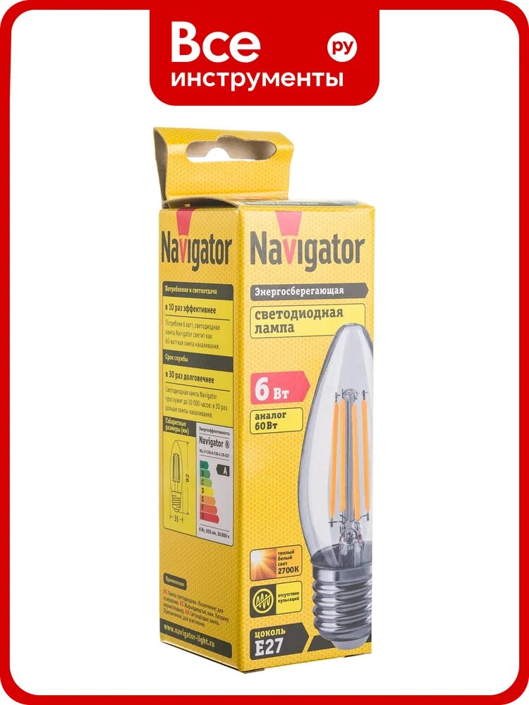 Лампа Navigator NLL-F-C35-6-230-2.7K-E27 14007 филаментная LED лампа с прозрачной колбой типа свеча для общего освещения