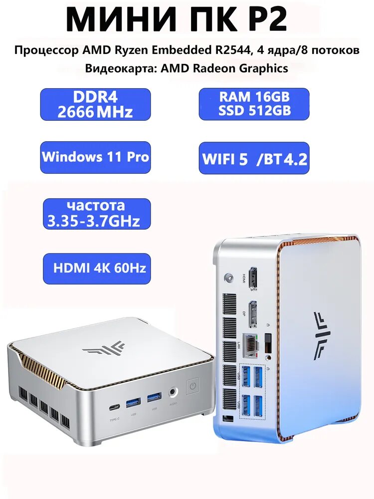 NIPOGI Мини-ПК P2 (AMD Ryzen Embedded R2544, RAM 16 ГБ, SSD 512 ГБ, AMD Radeon Graphics, Windows 11 Pro), Обновление AMD Ryzen 5 3500U, серебристый