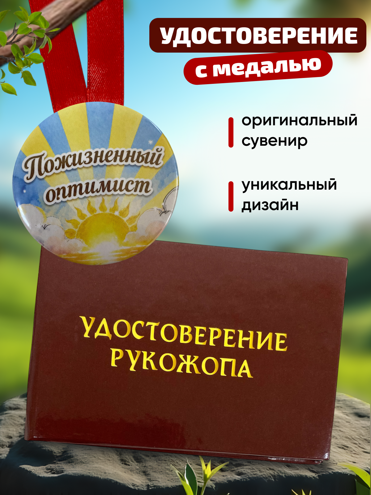Прикольный набор Шуточное удостоверение "Рукожопа" + Медаль "Пожизненный Оптимист", подарок другу, мужу, парню