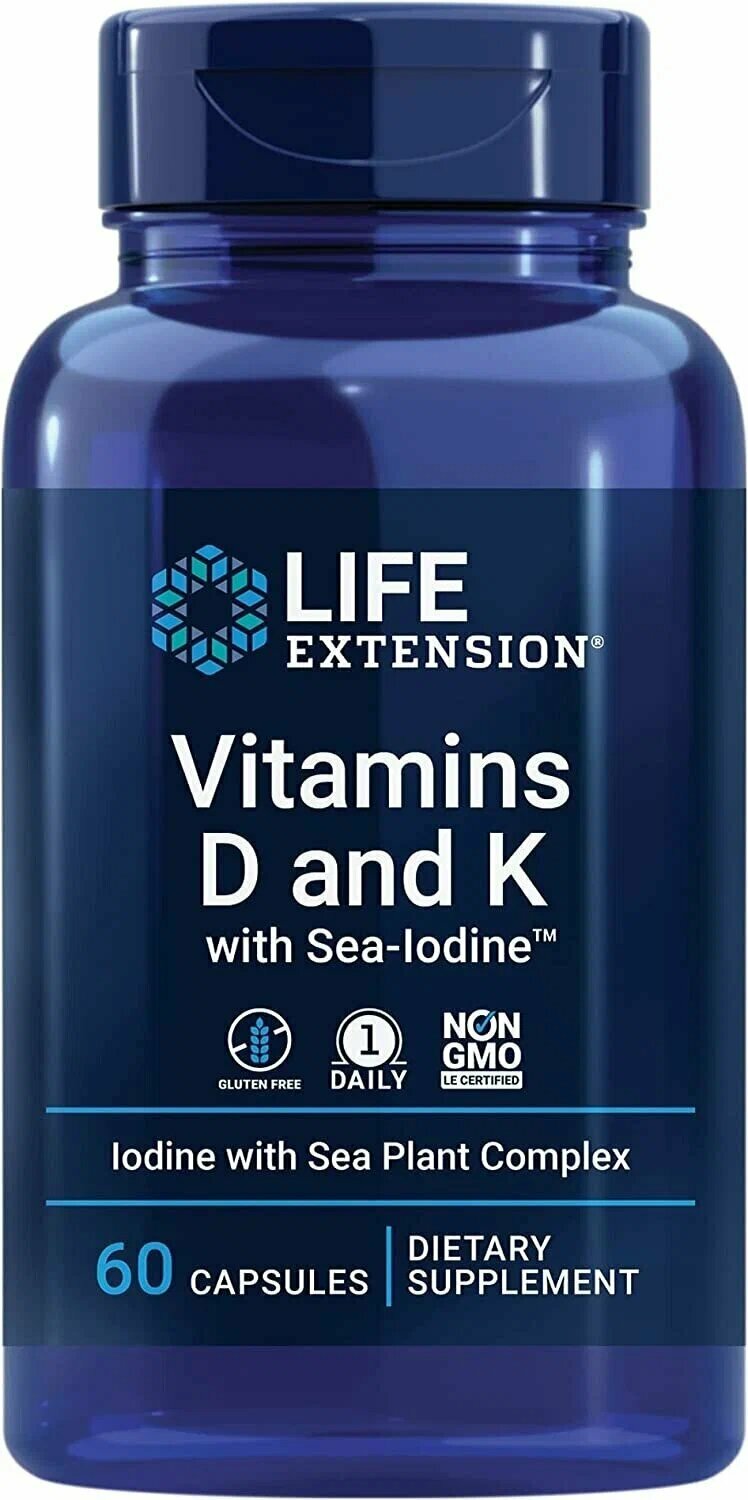 Life Extension, Витамины D и K с йодом, D and K with Sea-Iodine, 60 капсул