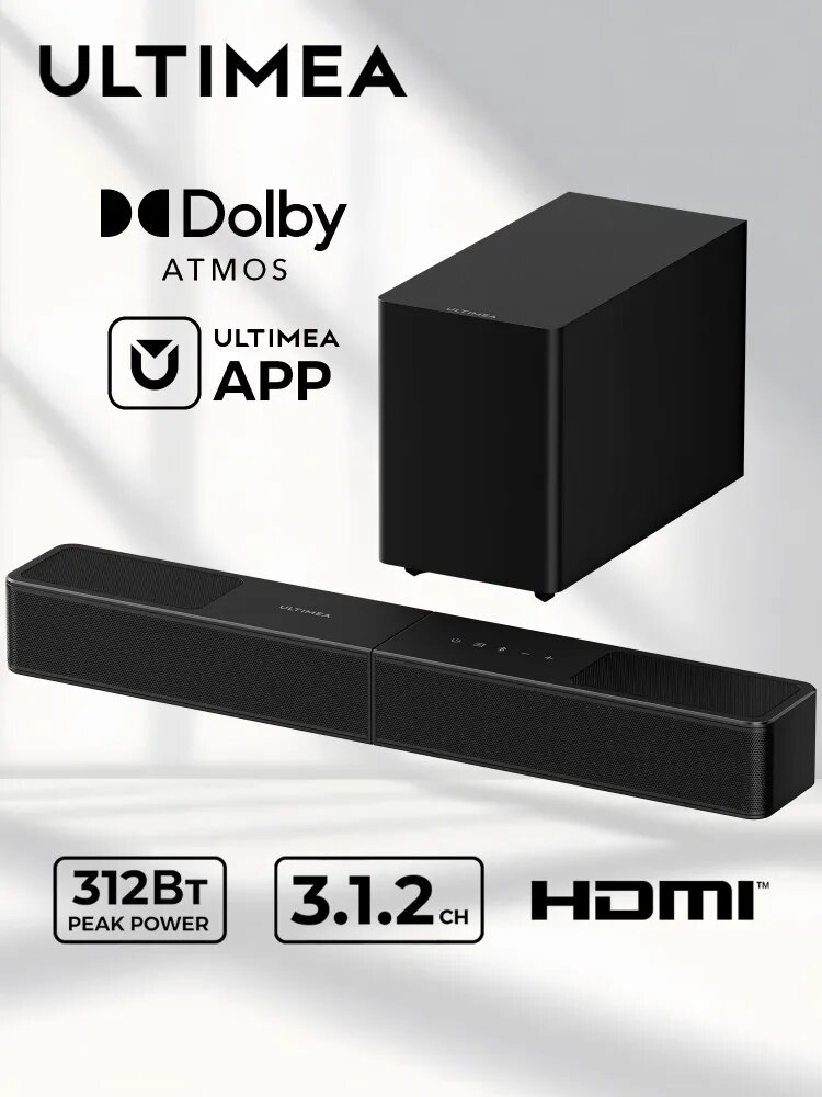 Саундбар для телевизора с сабвуфером ULTIMEA Poseidon M70 Dolby Atmos 3.1.2, домашний кинотеатр, 312Вт, беспроводной сабвуфер, Bluetooth 6.0, HDMI eARC, приложение Ultimea App