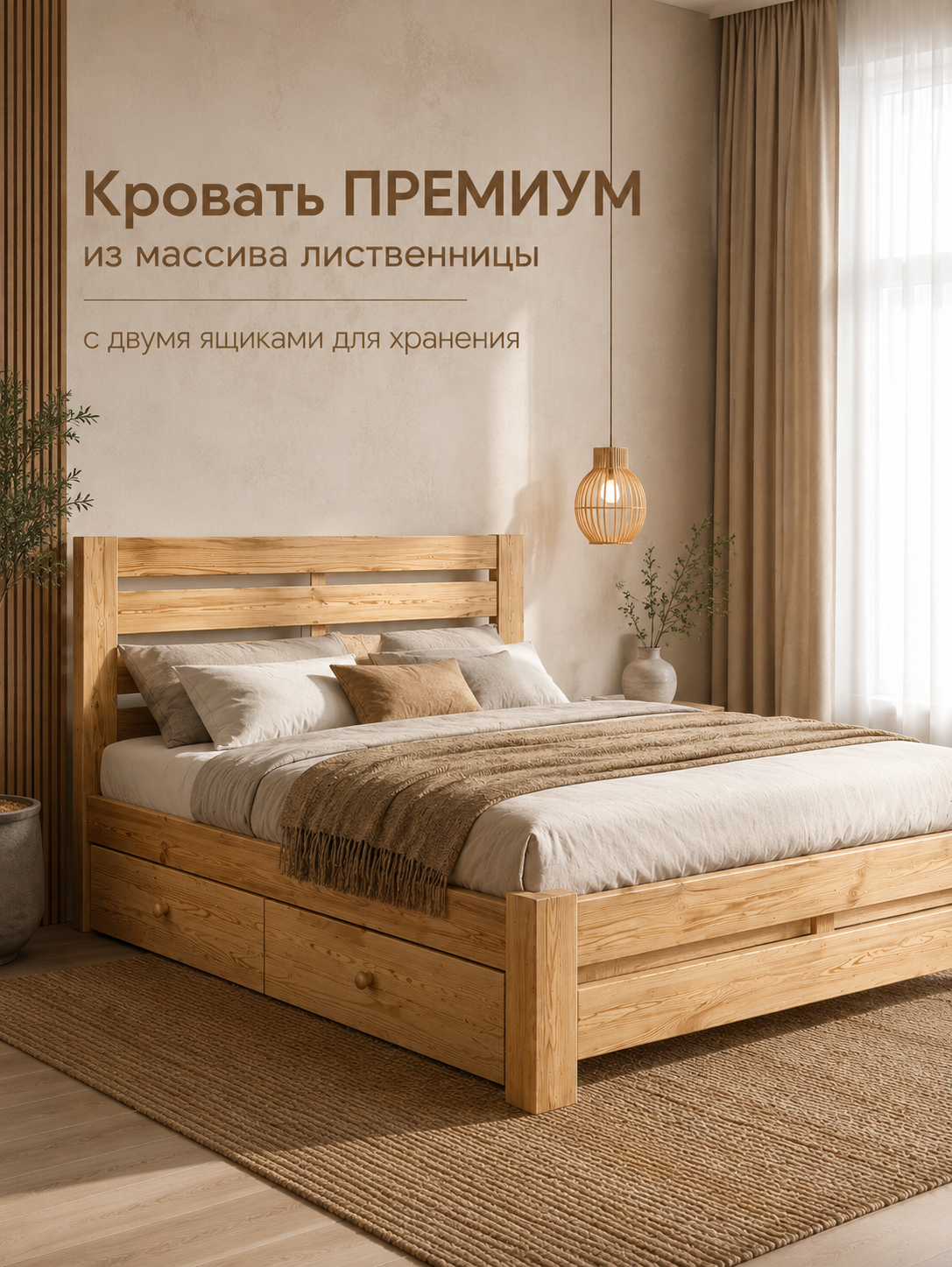 Кровать 180х200 с ящиками, массив лиственницы, двуспальная кровать разборная с хранением