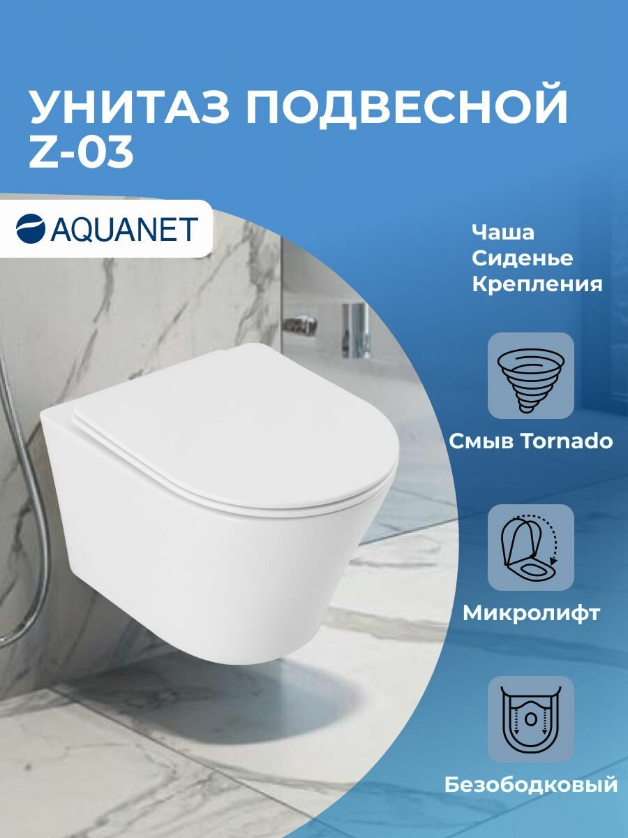Унитаз подвесной безободковый торнадо с сиденьем с микролифтом без инсталляции Aquanet Z-03 белый