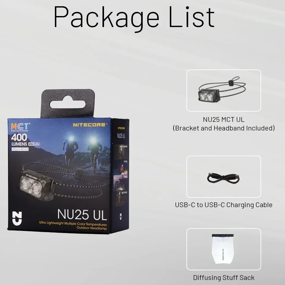 NITECORE NU25 MCT UL Налобный фонарь 2025 MCT Модель 400 люмен Ходовой фонарь Красный/Белый/Высокоцветный уличный водонепроницаемый фонарик