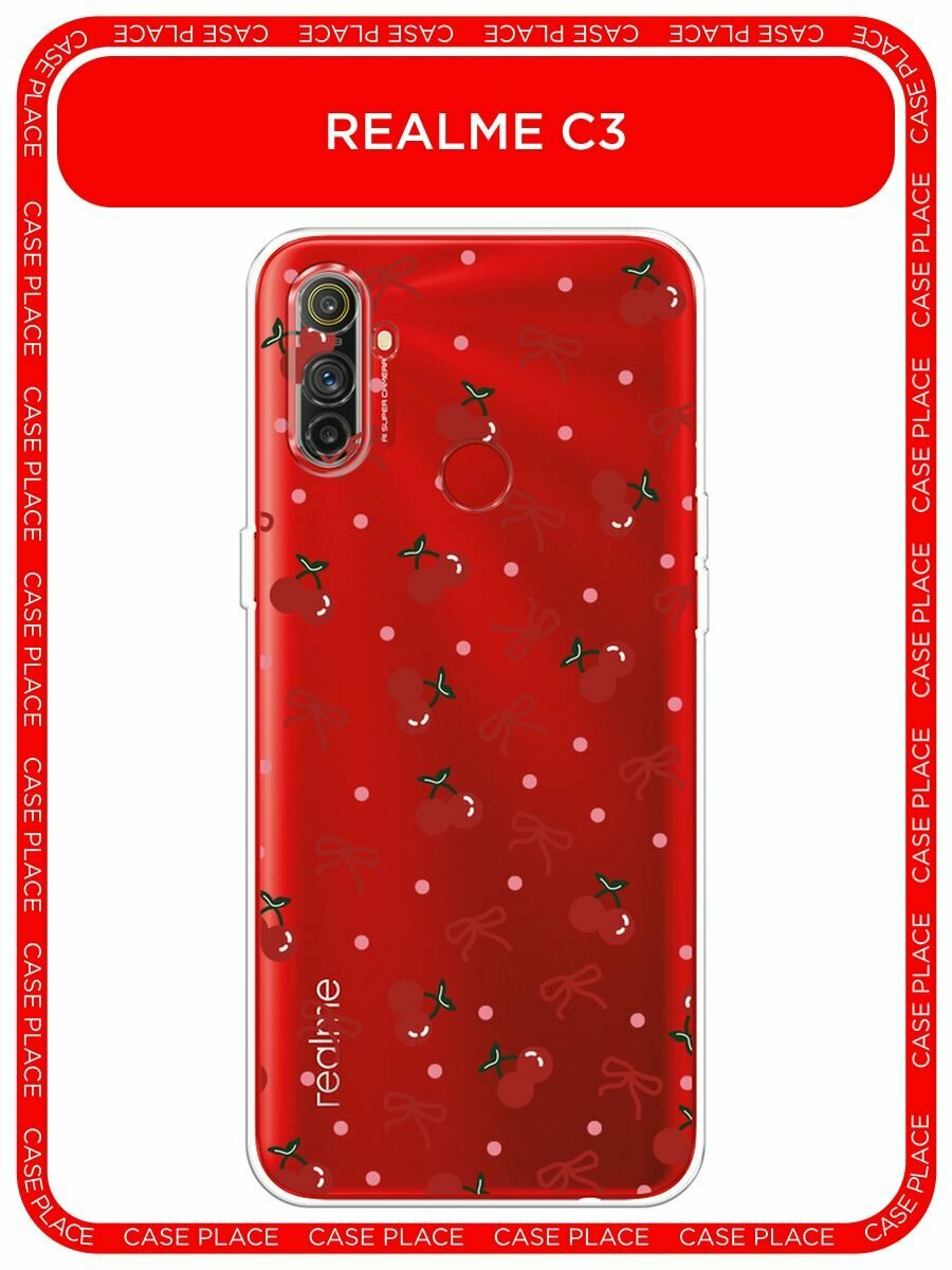 Чехол на Realme C3 / Реалми C3 с принтом "Вишни и ленточки", прозрачный