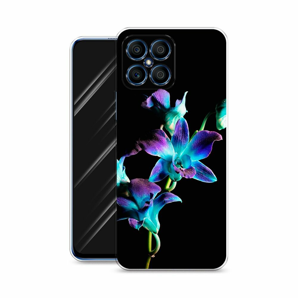 Чехол на Honor X8 / Хуавей X8 с принтом "Синий цветок на черном" — фото 1