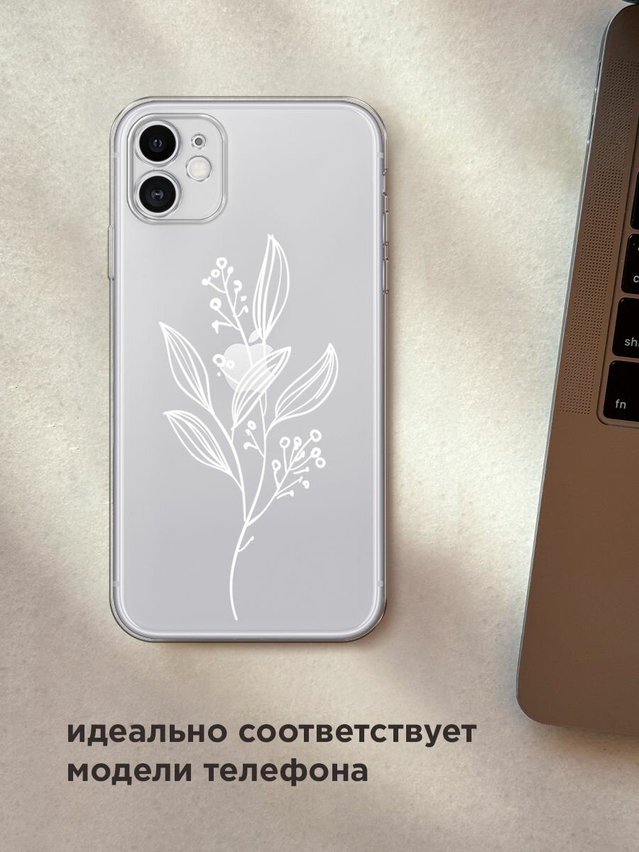 Чехол на Apple iPhone 11 / Айфон 11 с принтом "Ветка с листочками и цветами", прозрачный — фото 1