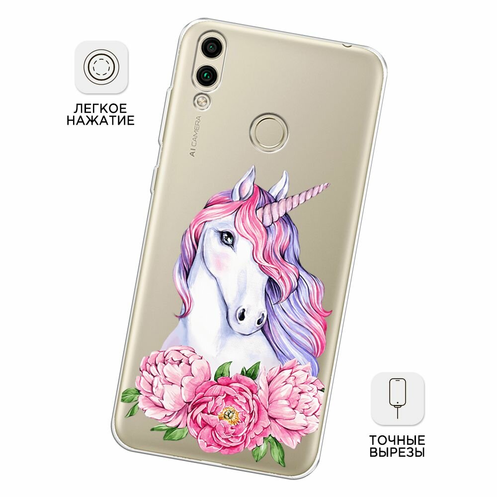 Чехол на Honor 8C / Хонор 8С с принтом "Единорог с пионами", прозрачный — фото 1