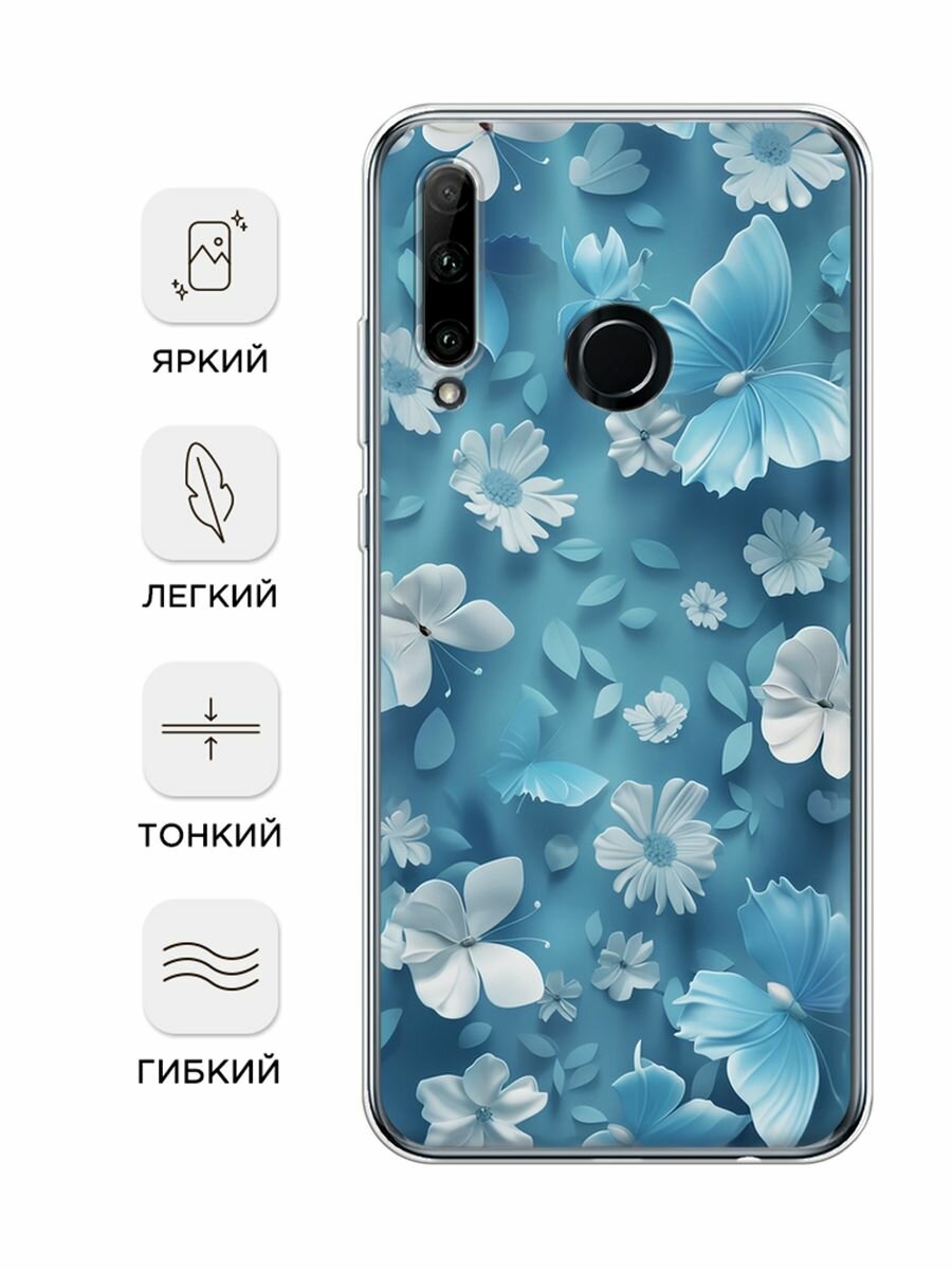 Чехол на Honor 10i/20 Lite 2019/20e/Huawei P Smart Plus 2019 / Хонор 10i с принтом "Голубые глазурные цветы" — фото 1