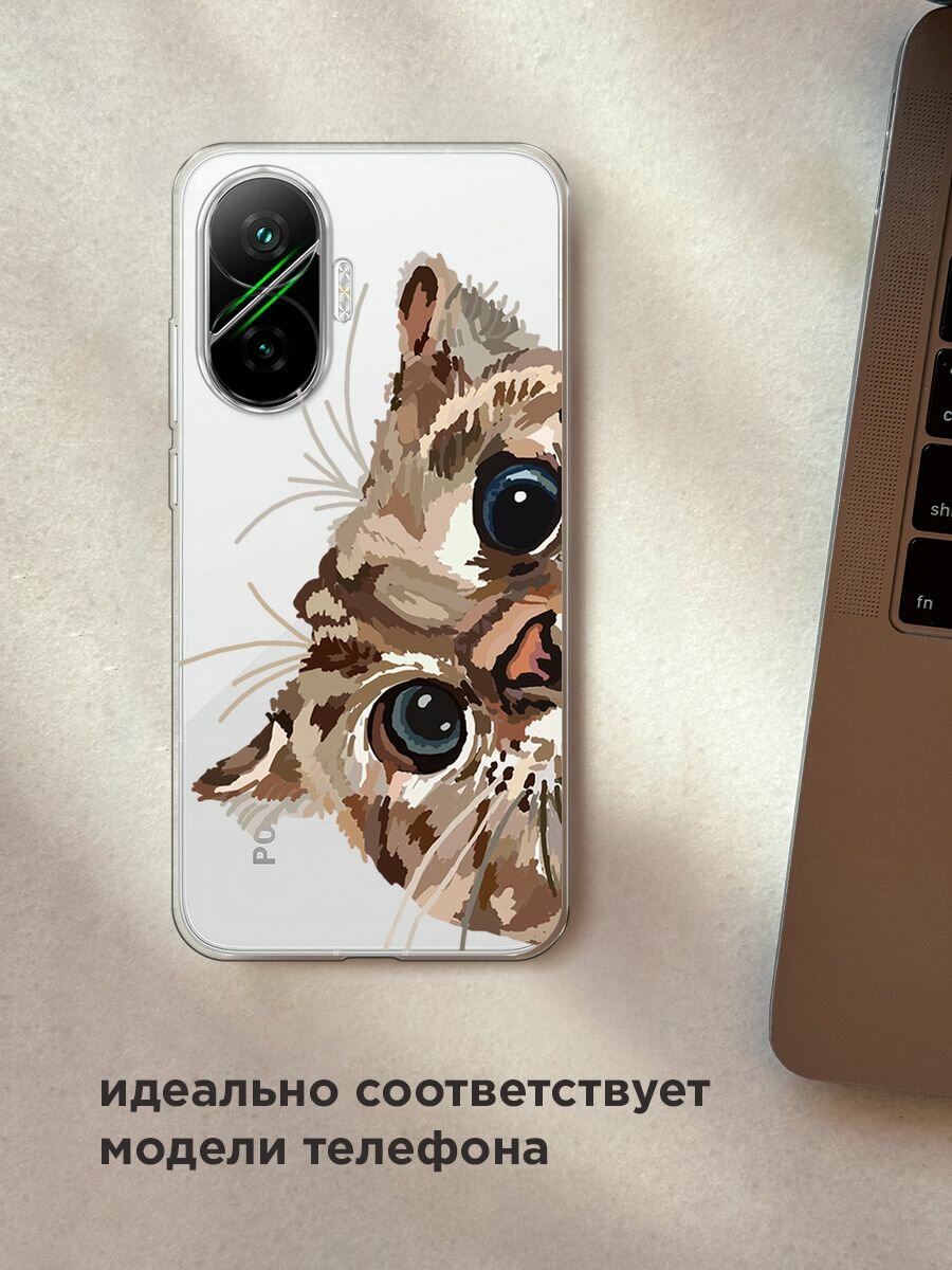 Чехол на Poco F7 / Поко F7 с принтом "Любопытный кот", прозрачный — фото 1