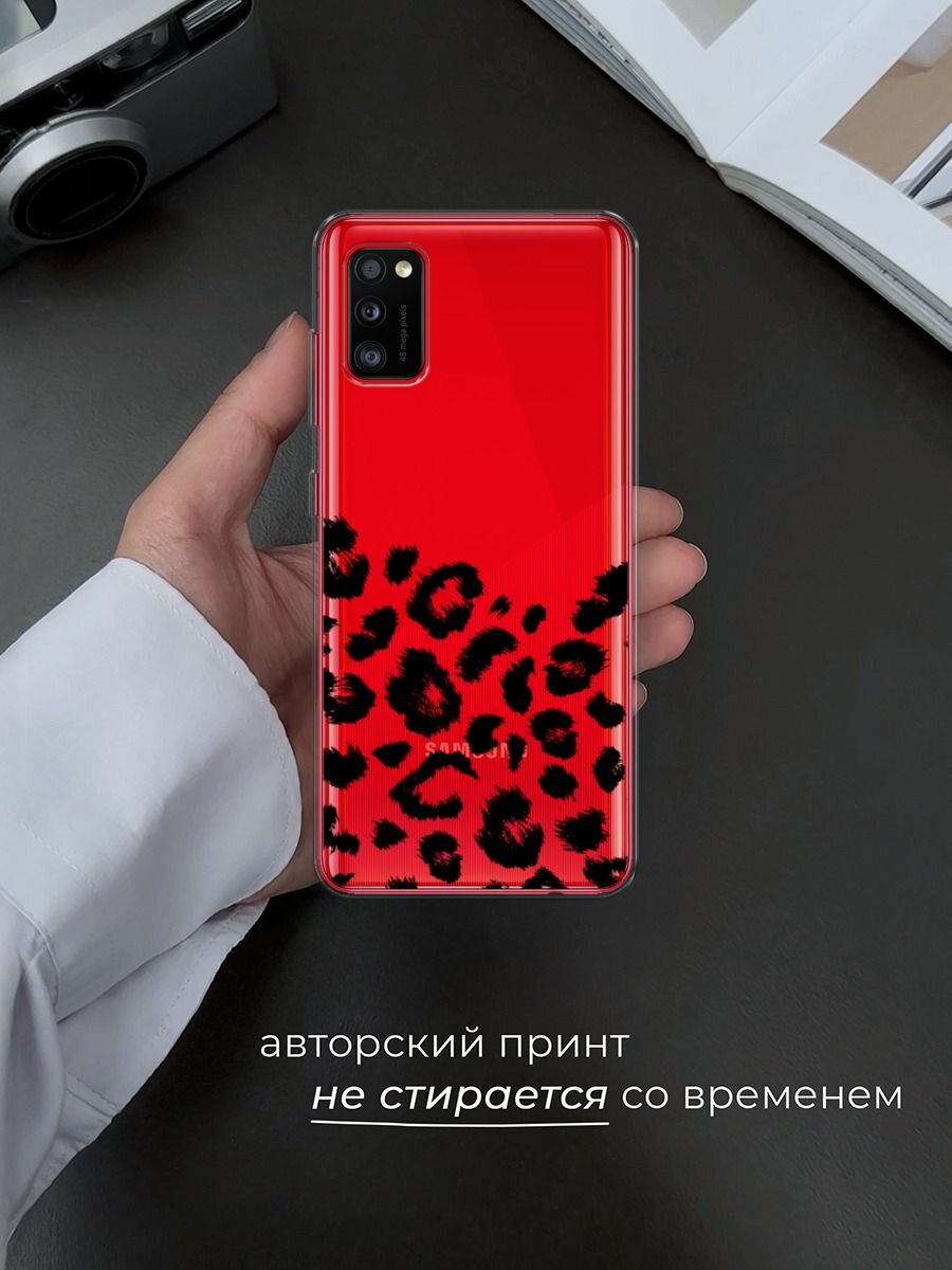 Чехол на Samsung Galaxy A41 / Самсунг Галакси А41 с принтом "Окрас леопарда фон черный", прозрачный — фото 1