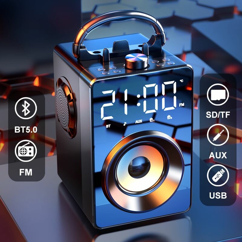 Зеркальная Bluetooth-колонка с ручкой, FM-радио и поддержкой USB/TF/AUX. Мощный звук для улицы и вечеринок.