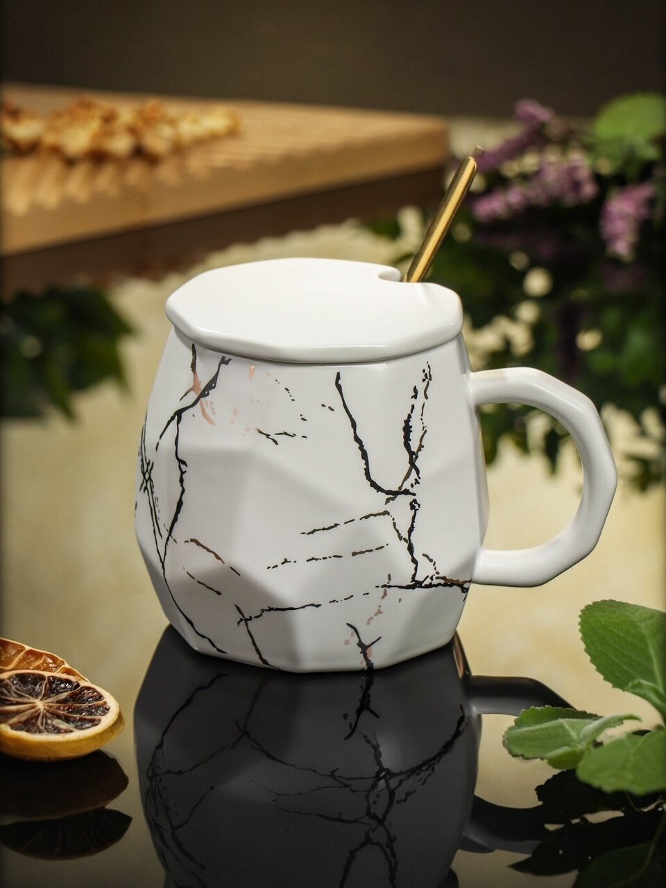 Керамическая кружка Мрамор 400 мл с крышкой, ложкой, подарочная упаковка, стильная чашка под чай, кофе Y4-5339
