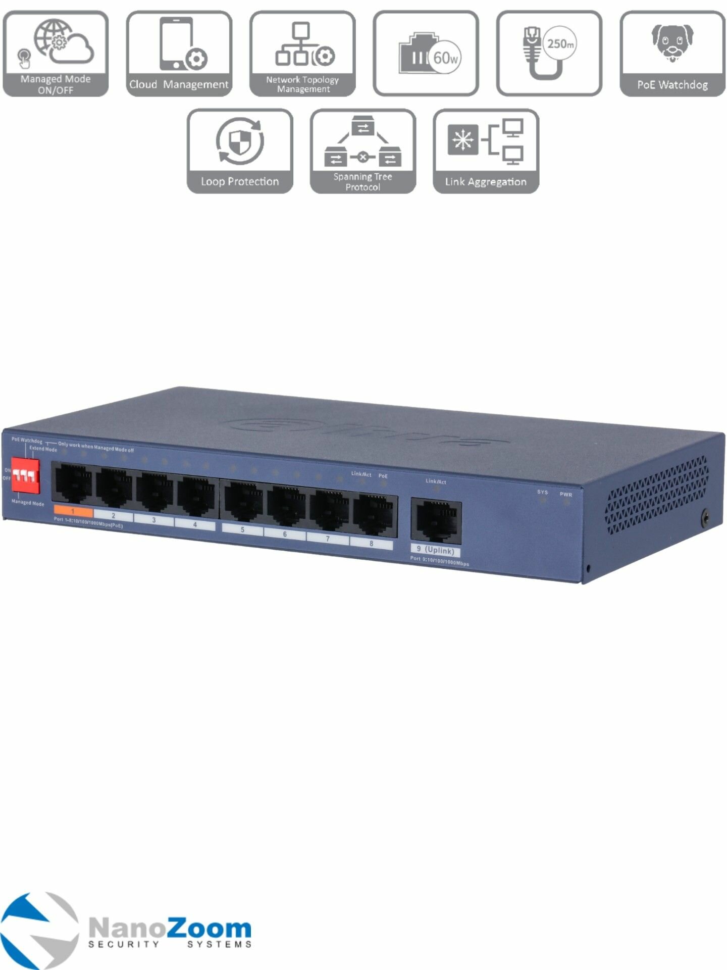 Dahua DH-CS4009-8GT-60 9-портовый управляемый коммутатор с 8 РоЕ до 60Вт