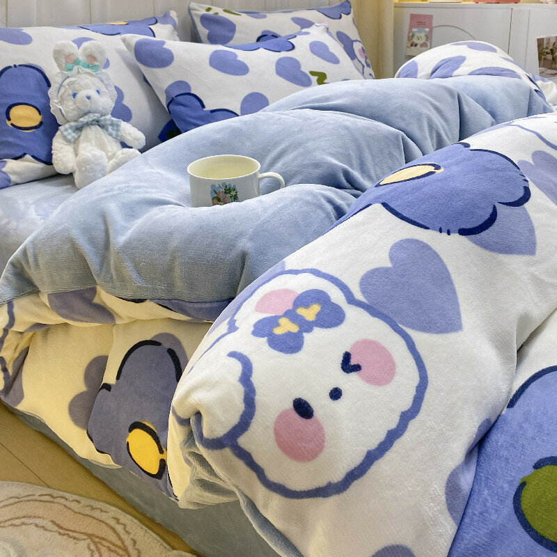 Комплект постельного белья из зимнего молочного флиса (4 предмета), простыня из утолщенного кораллового флиса, пододеяльник, комплект постельного белья из 3 предметов из двухстороннего флиса с бортиками,220*240cm