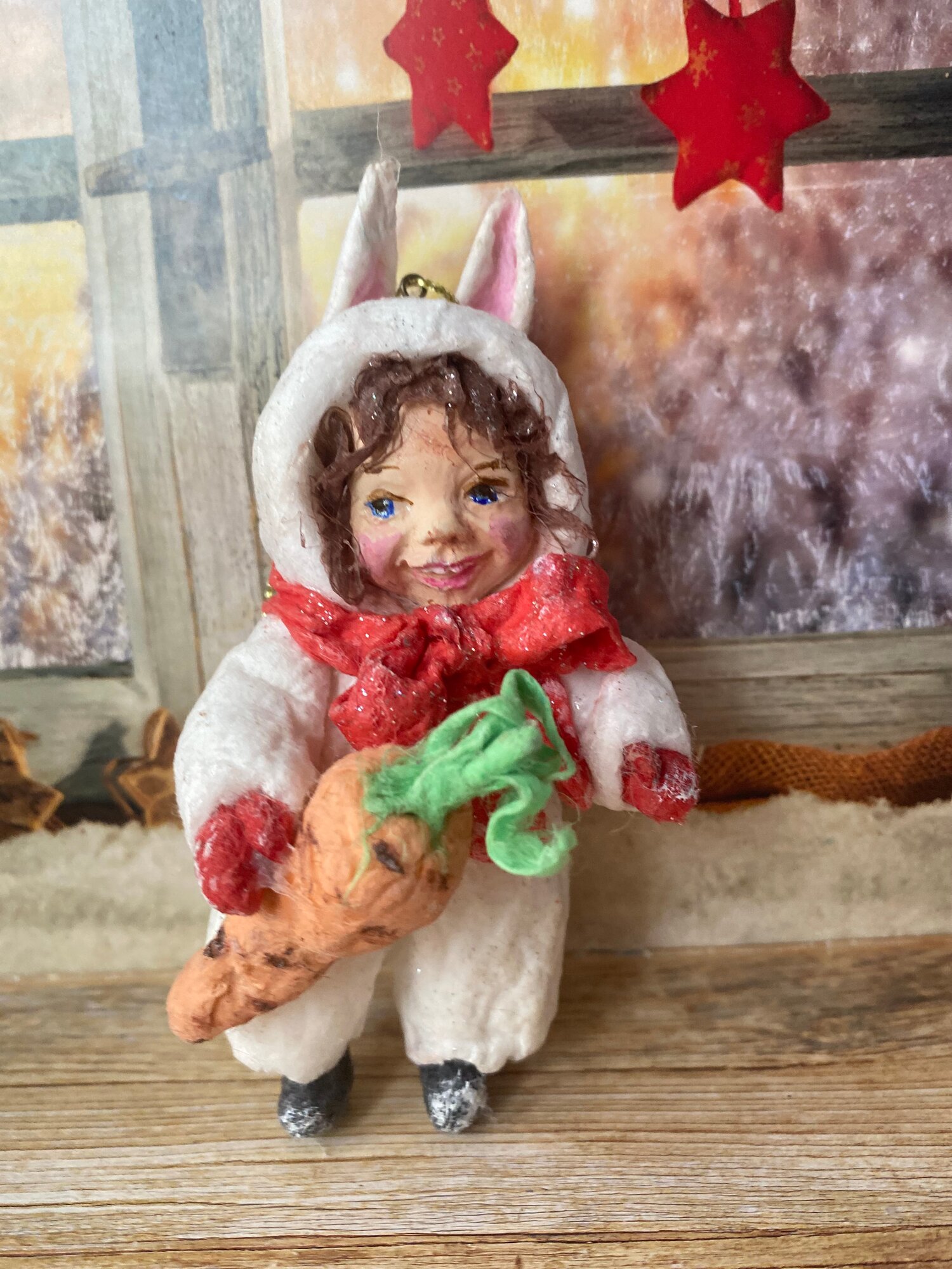 Игрушка елочная Малыш Зайчик, ручная работа, вата , высота 11 см