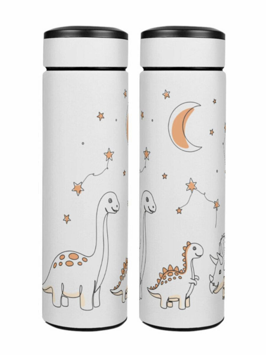 Термос «Милые динозавры детский линейный рисунок» (белый)