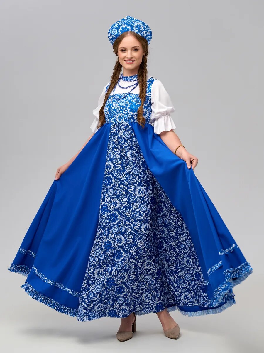 Русский народный костюм платье и кокошник Гжель, синий, L/XL (48-50)
