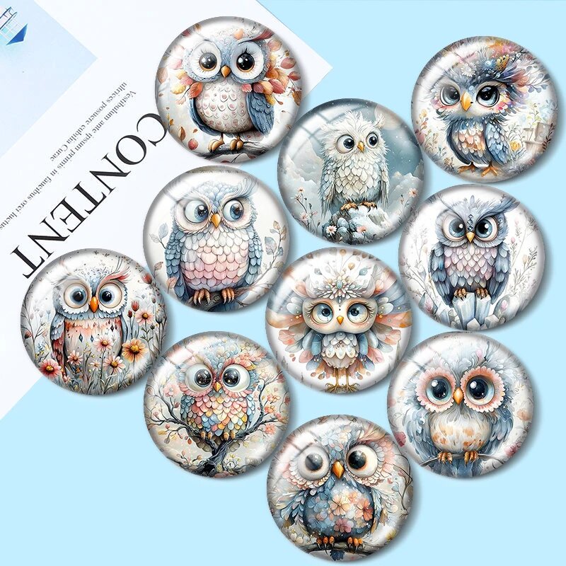 Круглые стеклянные кабошоны "Небесная сова", 10 шт. 18 мм, 10pcs-BG2127-mixed