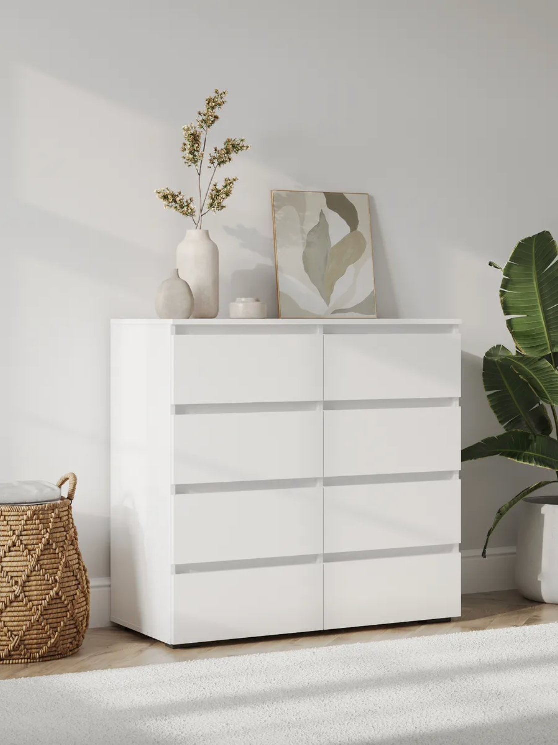 Комод 8 ящиков, белый (100×96×46) — вместительный современный комод для спальни