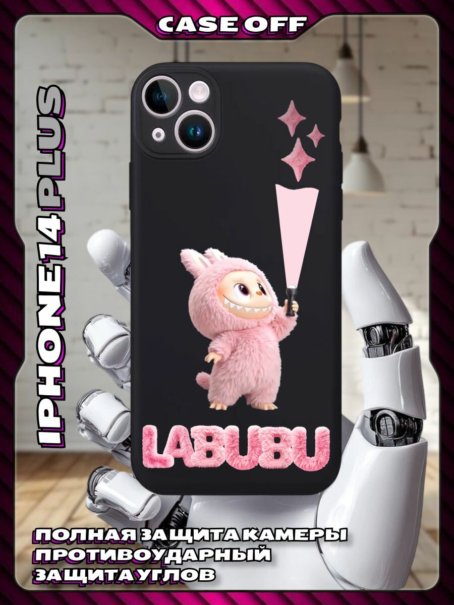 Чехол ZiART (Labubu 2 / Лабубу 2) на iPhone 14 Plus силиконовый, с защитой камеры, черный