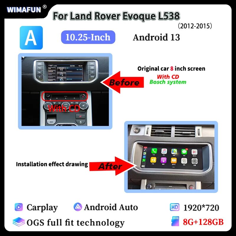 10,25 "для Range Rover Evoque L538 2012-2018 автомобильный радиоприемник навигация мультимедийный экран Bluetooth плеер Android 13 Carplay Auto A Bosch 128GB