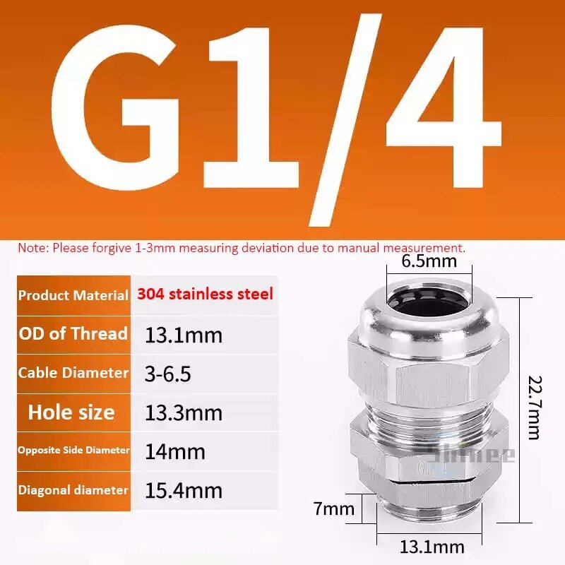 Кабельный ввод G1/4, нержавеющая сталь 304, 3-6.5mm