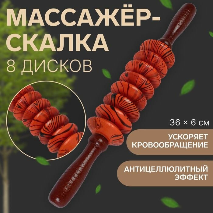 Массажёр Скалка , универсальный, 36 6 см, 8 дисков, деревянный