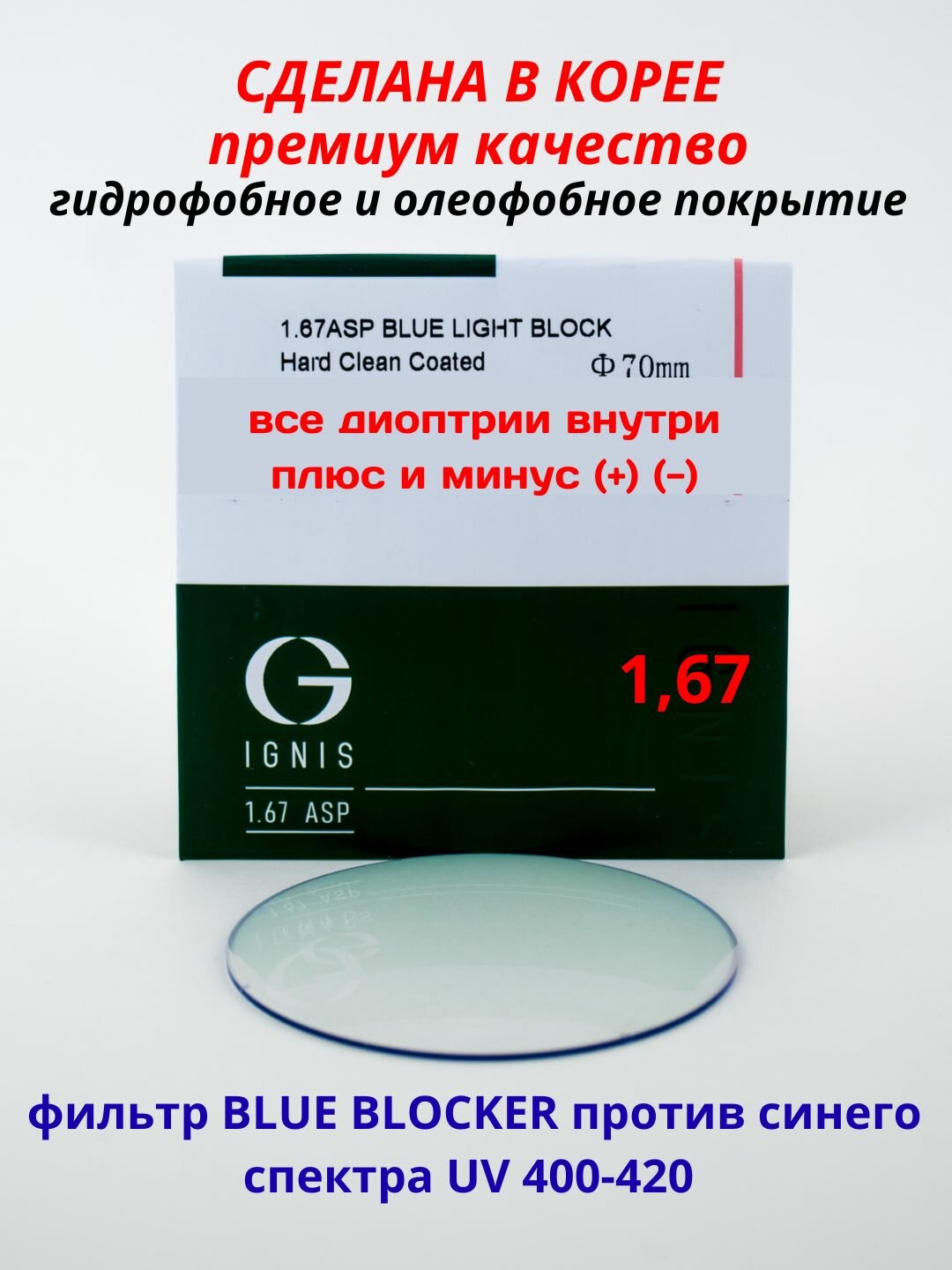 Линза для очков, сфера +2.00 BLUE LIGHT BLOCKER с упрочняющим покрытием UV420 индекс 1.67