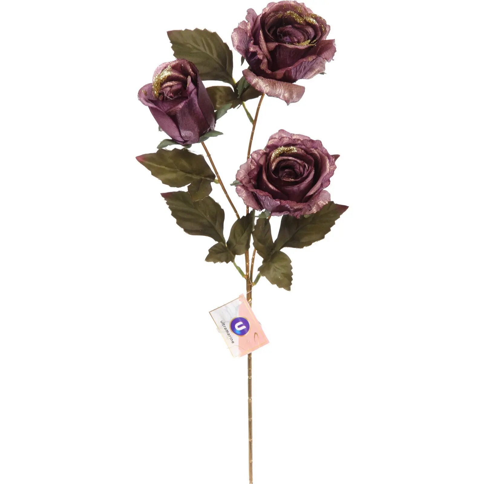 Искусственные цветы «FLOWERS GLAMOUR» 65см, 3 темно-фиолетовых розы с блестками, для стильного декора интерьера