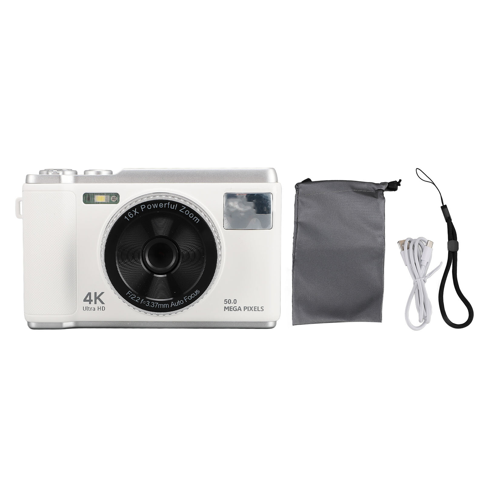 4K Digital Camera 50MP 2.8inch Screen Autofocus Vlogging with 16X Zoom Flash Anti Shake for Teens Adult Beginner White