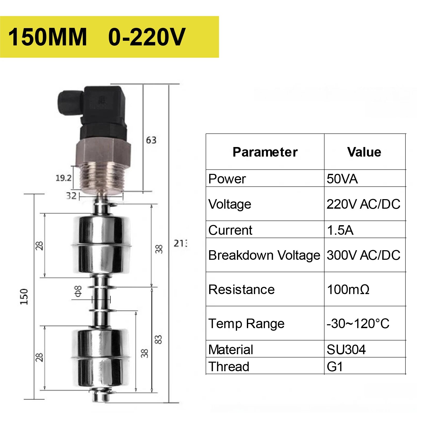 Герконовый поплавковый датчик уровня воды и масла 150mm-G1-Daul