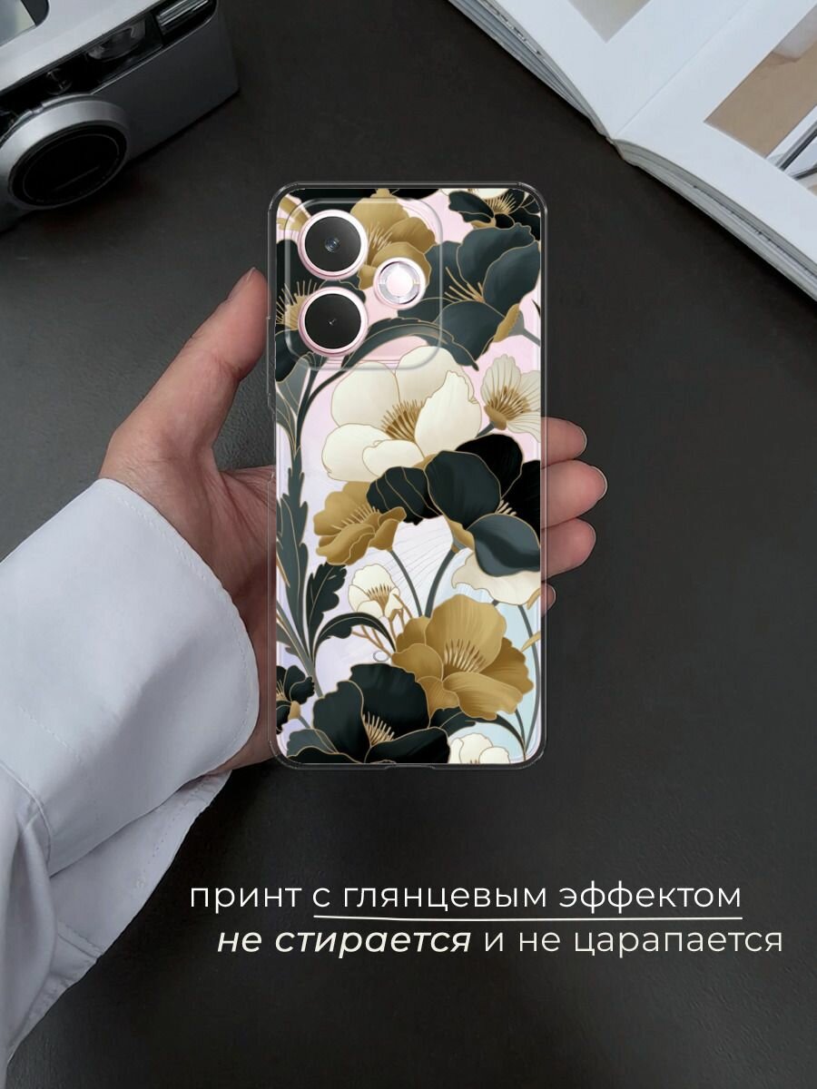 Силиконовый чехол на Oppo A5 Pro / Оппо А5 Про с принтом Золотые цветы — фото 1