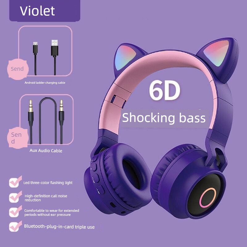 Светящиеся наушники Bluetooth с 6D басом и RGB-подсветкой - Фиолетовые для игр