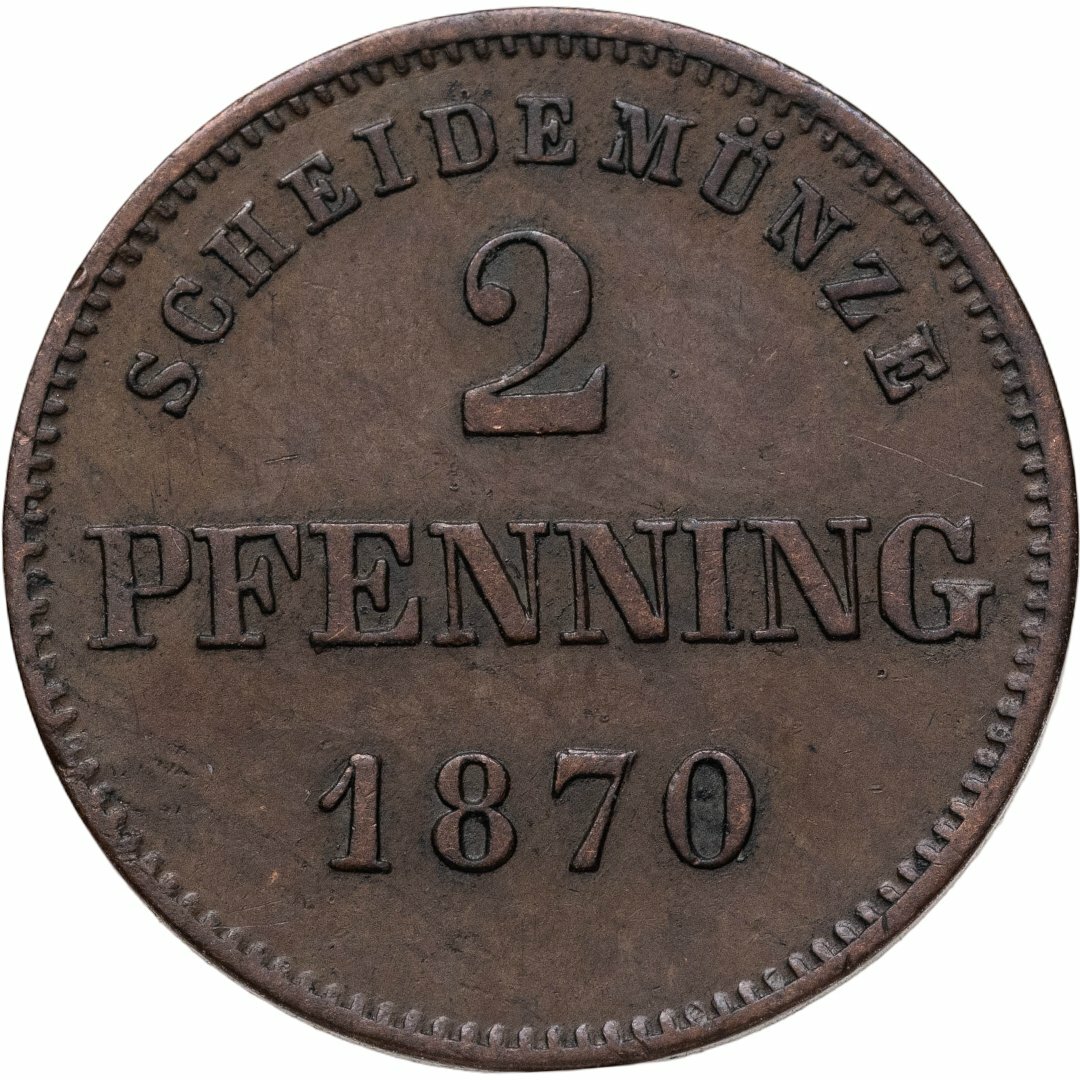 Бавария 2 пфеннинга 1870, Медь, в сохранности XF
