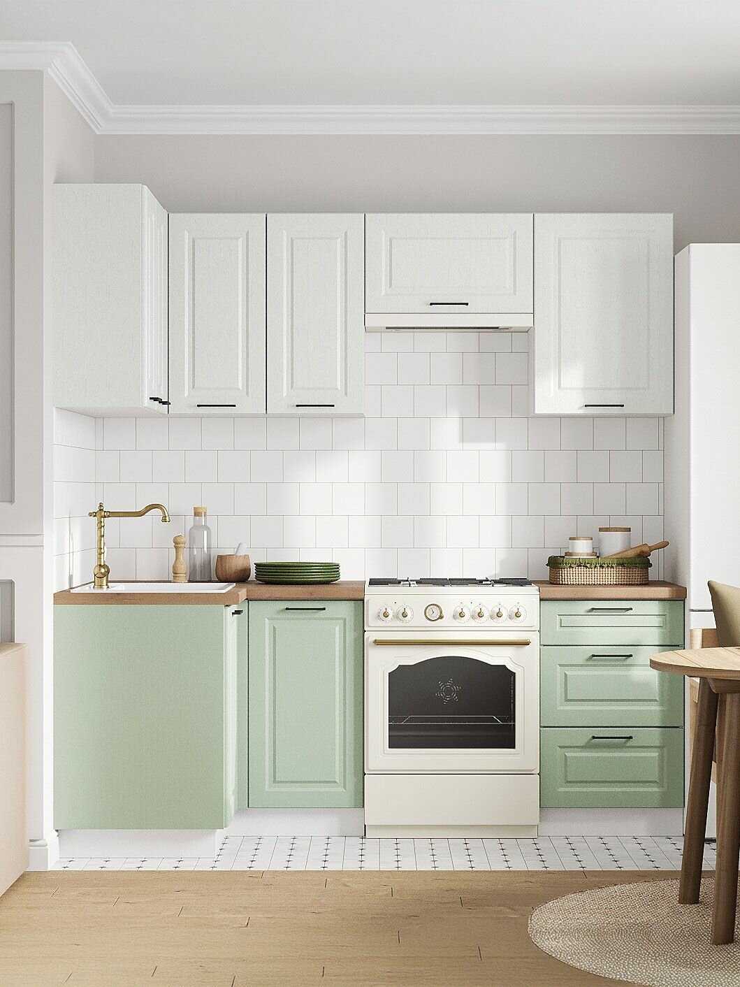 Кухонный гарнитур угловой Шервуд 2.1х1 м, мебель для дома и кухни, Белый / Арктик / Шато мята