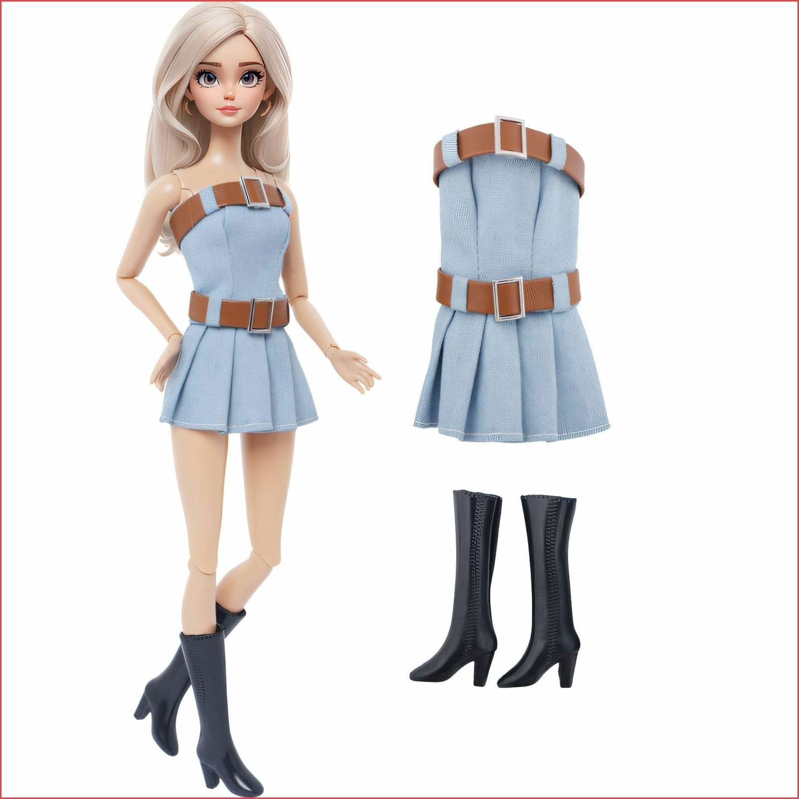 Комплект одежды для куклы Барби, одежда 29-30 см, аксессуары платья, 1 короткое платье + ботинки463