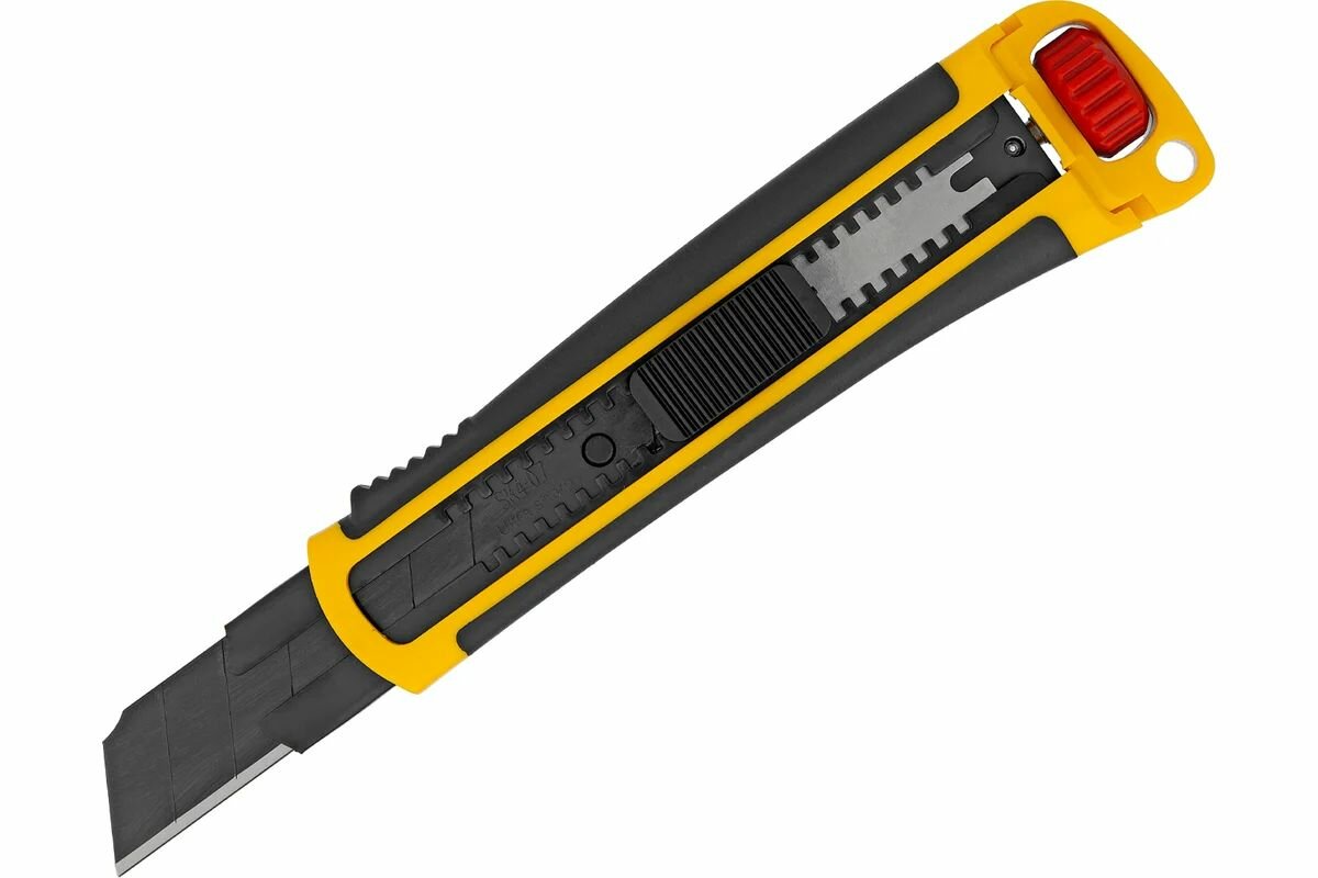 Нож 25 мм, сменное лезвие, SK4-сталь, торцевой зажим// Denzel 78908