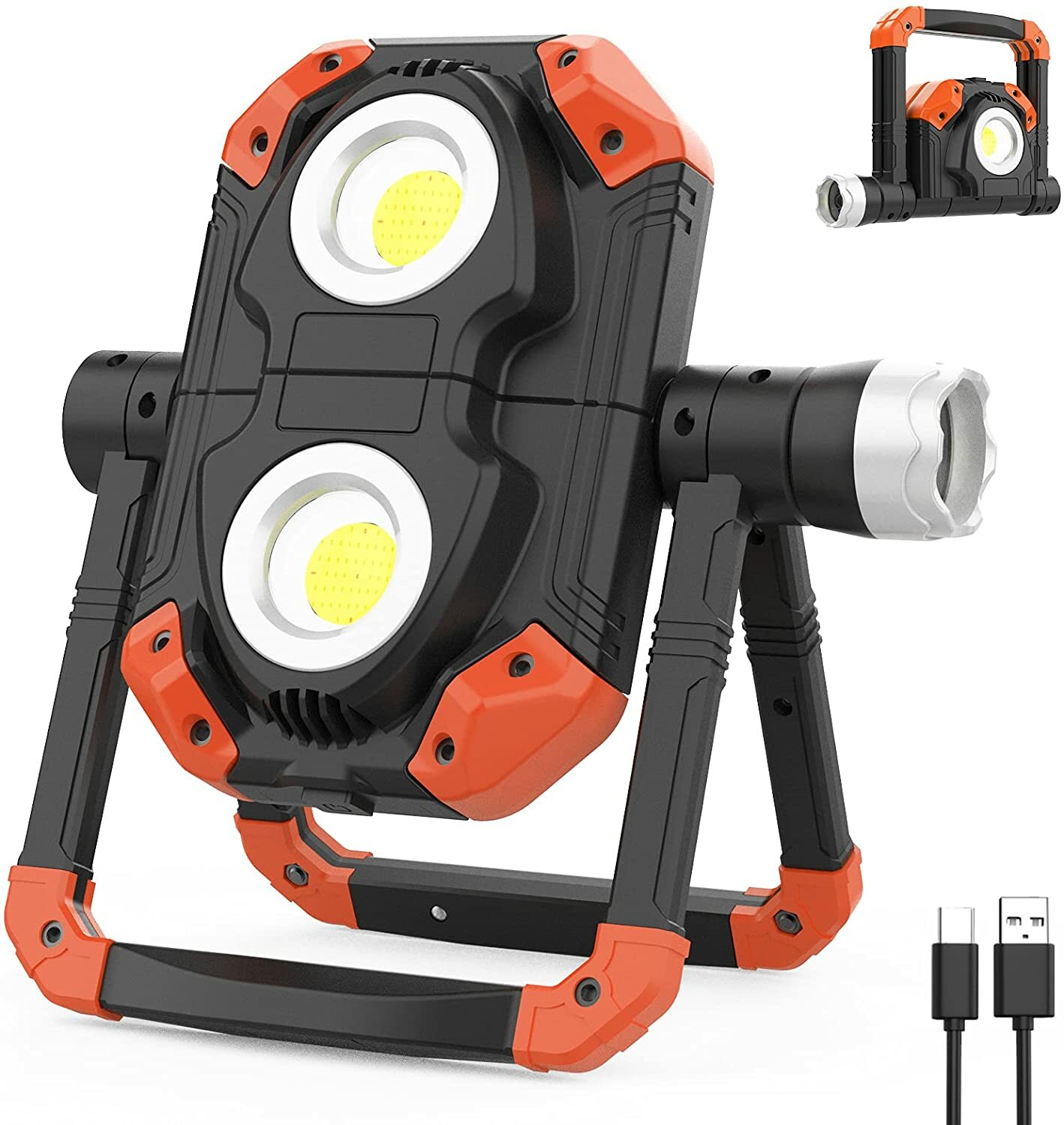 Рабочая лампа аккумуляторная 2500LM 3 COB портативная LED с зарядкой для мобильных устройств 4000mAh складная водонепроницаемая фонарь для автомобильного ремонта аварийного освещения и строительных площадок Оранжевый