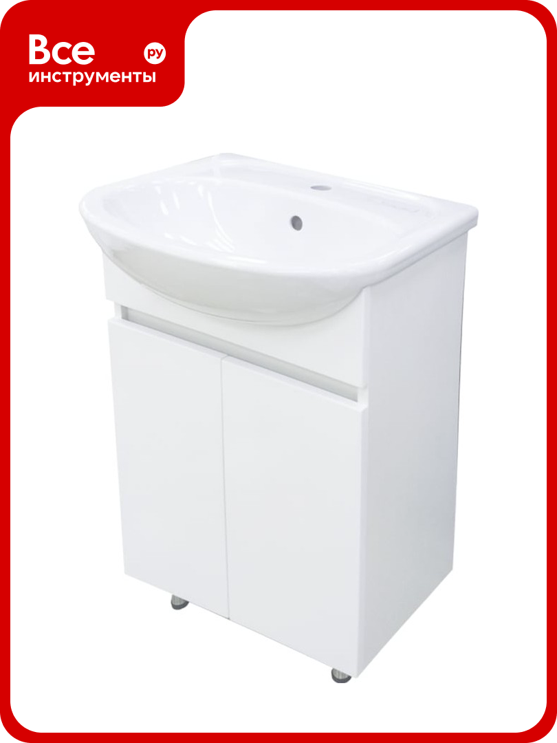 Тумба с раковиной Misty Элегия 55, белый фасад из МДФ, санфарфорная полукруглая раковина, эмалевое покрытие, матовая